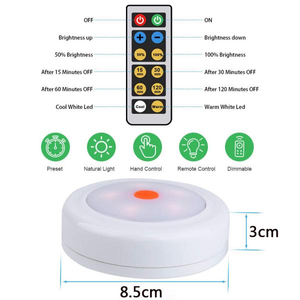 Quality 4.5VDC Battery Powered Led Wardrobe Lights 0.5W Remote Controlled Puck Lights for sale