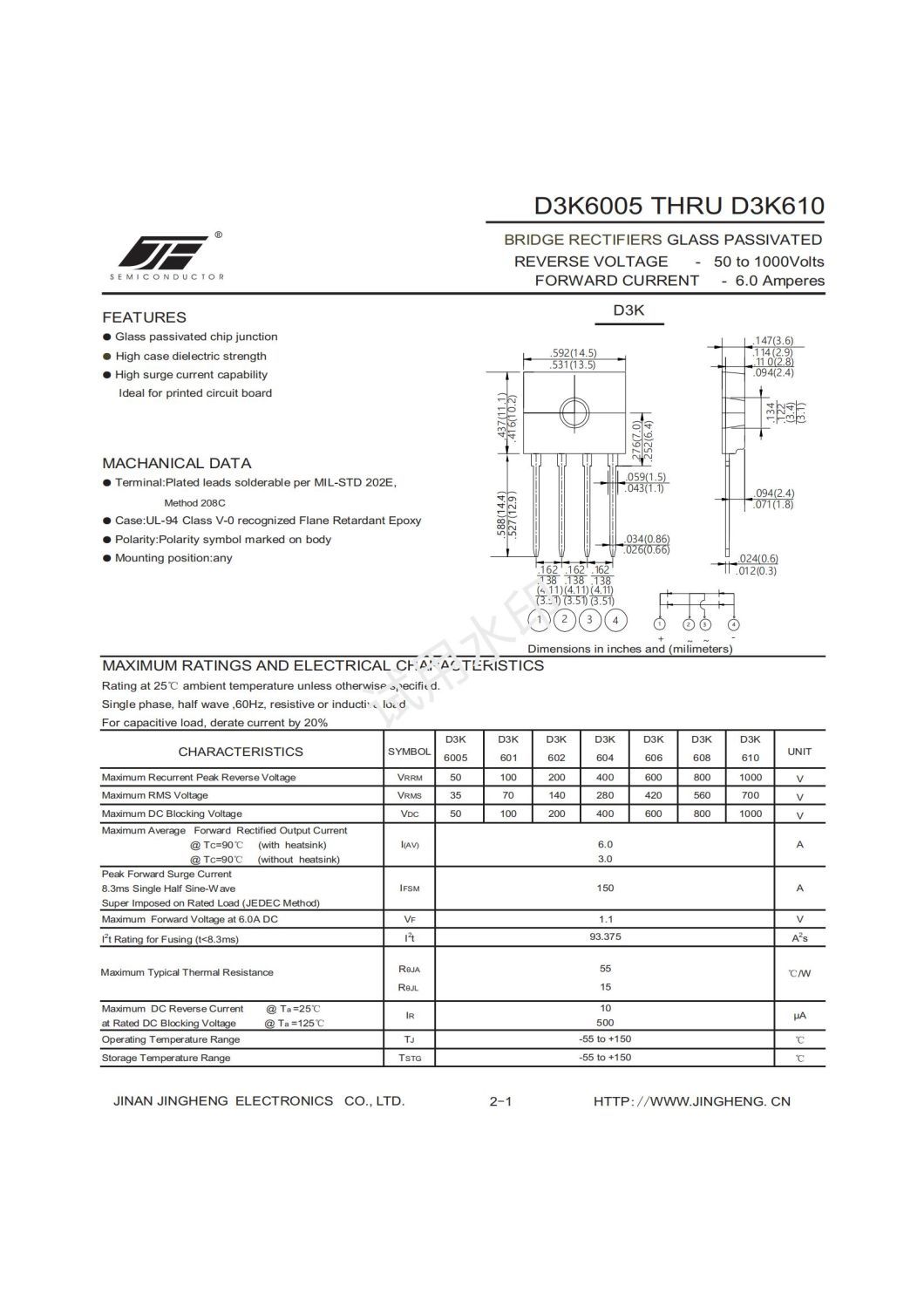 D3K606 6A/600V THROUGH HOLE BRIDGE RECTIFIER DIODE
