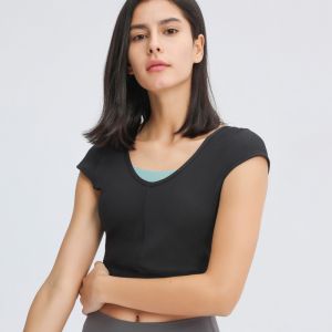 Quality Cropped Ridden Deep V Open Back Womens Gym T Shirts No Padded for sale