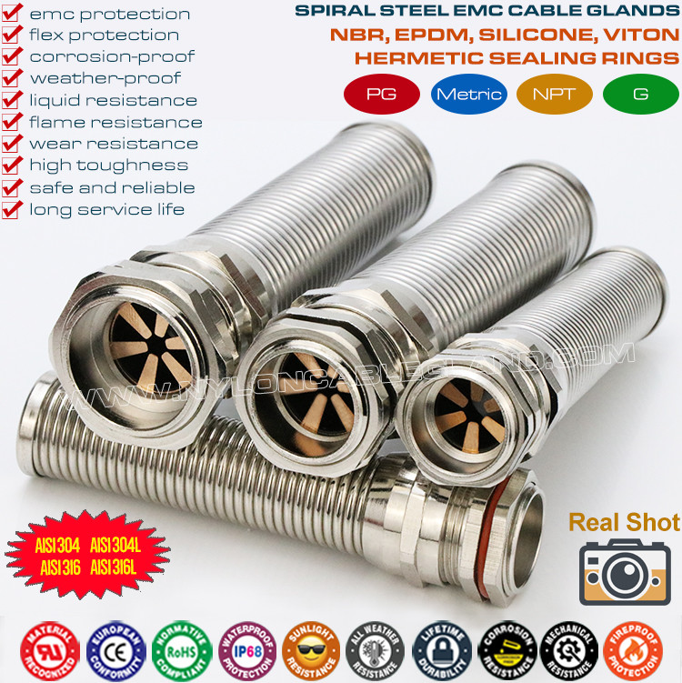 NPT Thread Stainless Steel EMC Cable Glands (Cord Grips) IP68 with Spiral Flex Protector