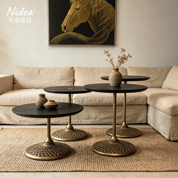 Quality Nidea Modern Luxury Round Accent Table Solid Wood Top with Hammered Brass Base Nesting Coffee Side Tables Club Bar for sale