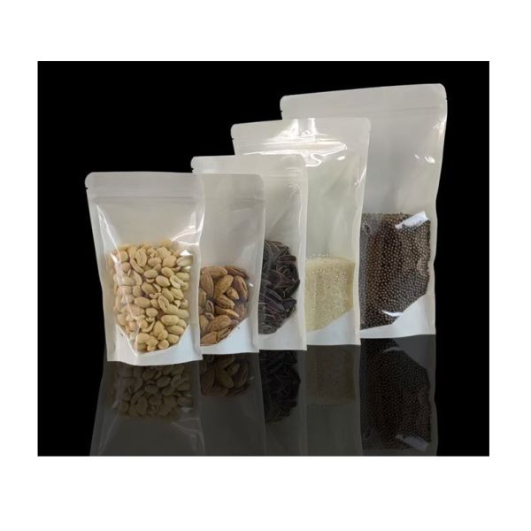 Quality Customizable White Kraft Paper Stand-up Pouches With Window For Food Packaging for sale