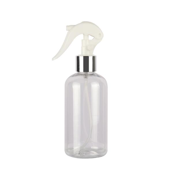 Quality Luxury Transparent Spray Bottle Round Shoulder PET Anodized Aluminum Trigger Spray Bottle for sale