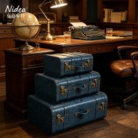 Quality Set 3 Vintage Stackable Storage Trunks Industrial Retro Decorative Deep Blue for sale