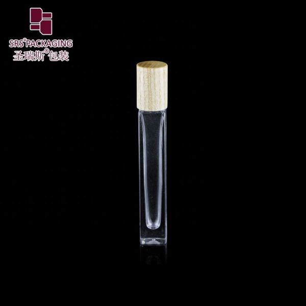 Quality 10ml High End Empty Square Glass Roll On Bottle with Bamboo Wooden Cap and 3D for sale