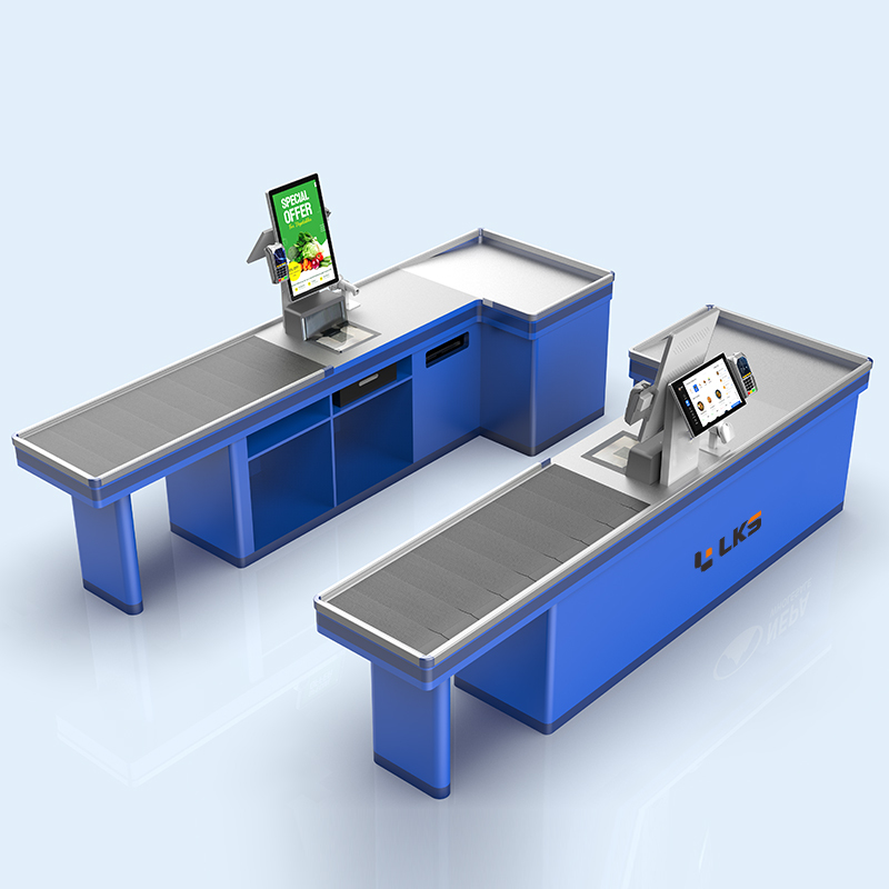 Quality LKS All In One Smart Supermarket Checkout Counter Kiosk With Conveyor Belt for sale