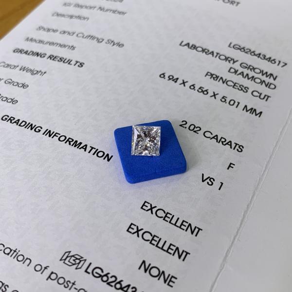 Quality 2.02 Carat F VS1 2EX CVD Princess Cut Lab Diamond OEM ODM for sale