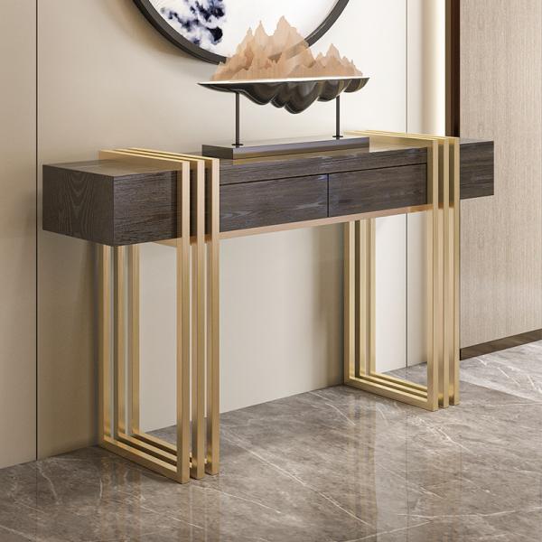 Quality Walnut 2 Drawer Console Table Satin Marble And Gold Console Table for sale
