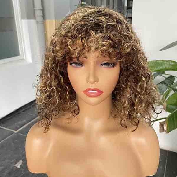 Quality OEM Water Wave Glueless Short Human Hair Wigs Bang Bob Highlight Frontal Wig for sale