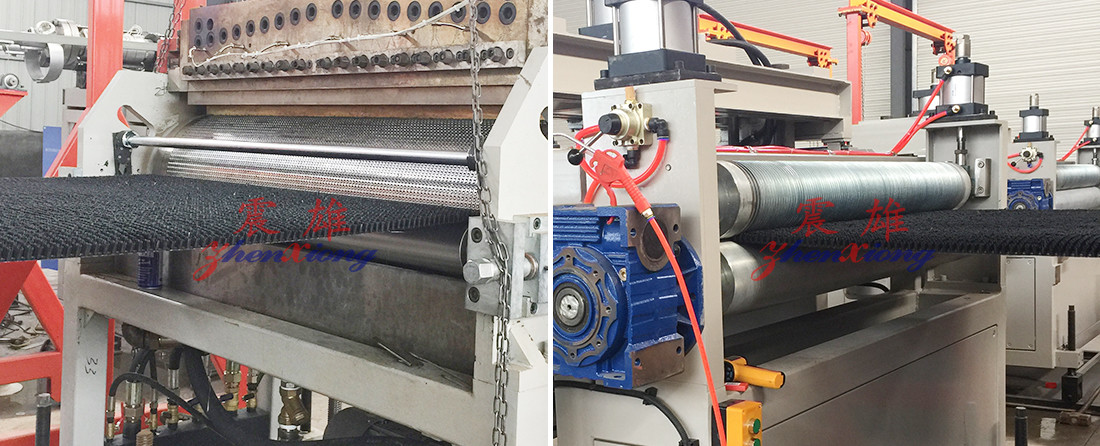 Close-up view of car fender plastic sheet extrusion line components