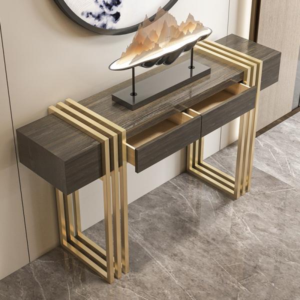Quality Walnut 2 Drawer Console Table Satin Marble And Gold Console Table for sale