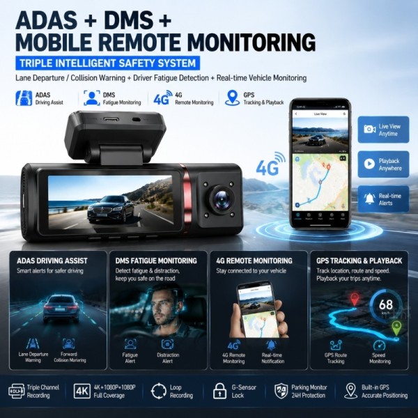 Quality 3-Channel 4G AI Dash Camera | 4K Front + 1080p Cabin & Rear | GPS ADAS DMS 24/7 for sale