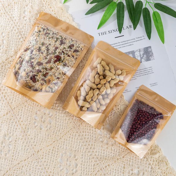 Quality Customizable Stand up Pouch With Window Kraft Paper Food Packaging Bag Ziplock for sale