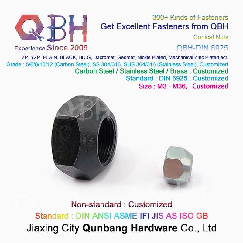 Qbh DIN6925 M3-M36 DIN 6925 Plain Black Yellow Blue Zinc Nickle Plated Hot DIP Galvanizing Dacr*Met Ge*Met Chrome Plating Wheel Hub Lock Hex Conical Nuts