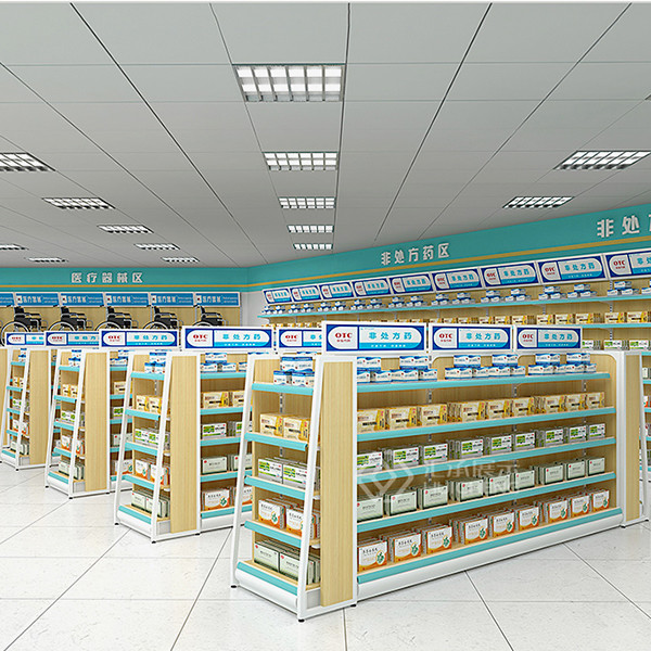 Quality Drugstore L2000mm H1200mm Metal And Wood Shelf Unit Double Sided for sale