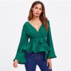 Quality Bell Sleeve Wrap Blouse with Deep V Neck for sale