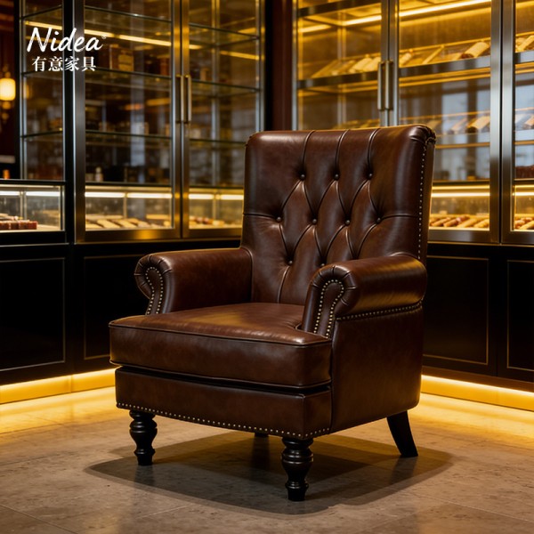 Quality Vintage Brown Leather Chesterfield High Back Chair Classic Tufted Single Armchair Nailhead Trim Living Room Club Bar for sale