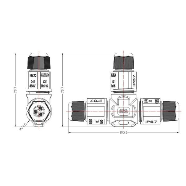 Quality IP67 Waterproof Electrical Cable Connector 450V 24A Tee Joint for sale