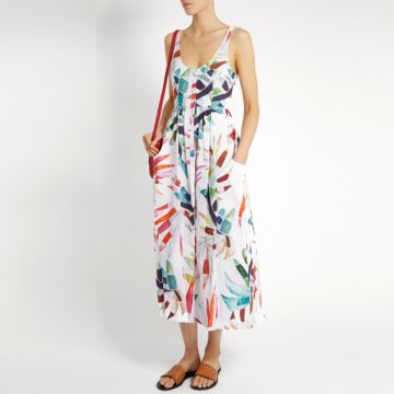 Quality 2018 New Style Women White-Print Button-Down Simple Cheap Linen Midi Dress for sale