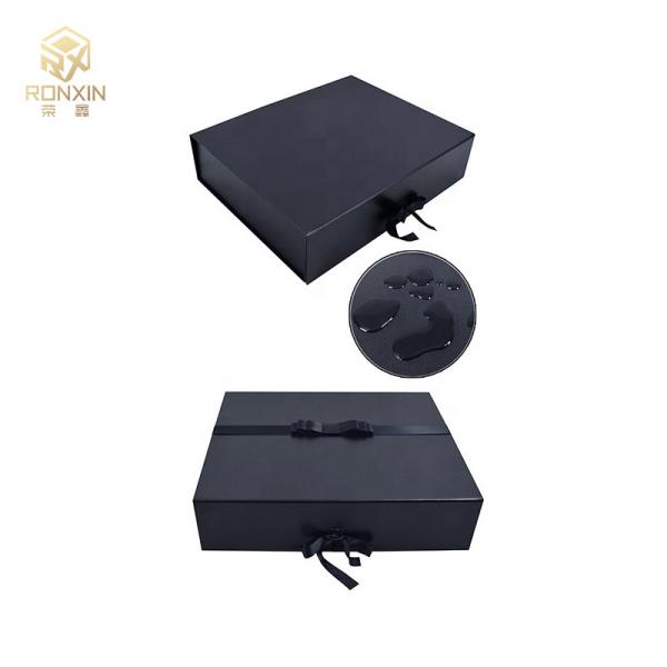 Quality Luxury Rectangular Paperboard Foldable Gift Boxes With Ribbon Black for sale