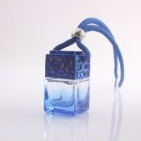 Quality Glass Clear Blue Car Perfume Empty Bottle With Colored Wooden Lid And String for sale