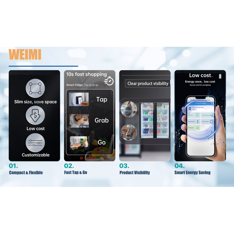 Compact Weimi Smart Fridge Ice Vending Machine showing adjustable shelving and clear glass display for grab-and-go ice purchases.