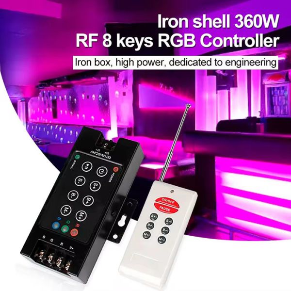 Quality 12-24v Iron Shell Led Controller 5-10 Control Distance Rf 8 Key 30a Rgb Dimmer for sale