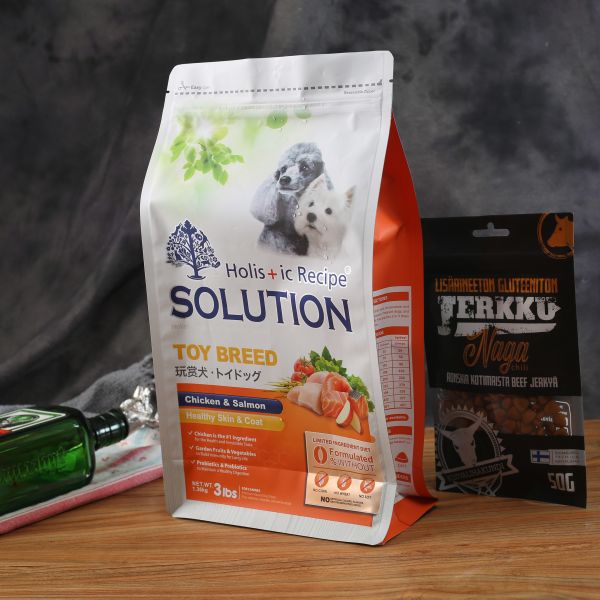 Quality Aluminum Foil Laminated 60mic Fish Food Packaging Flat Bottom Dog Treat Packages for sale