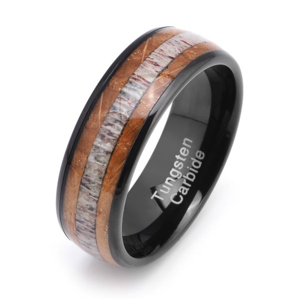 Quality Unisex 8mm Black Tungsten Wedding Ring with Whiskey Barrel Wood Deer Antler Inlay Comfort Fit Sample Making for sale