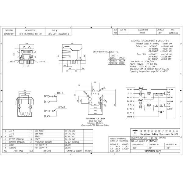 Quality Right Angle 8P8C RJ45 Female Connector 10 / 100 Base - T Magnetic With G / Y LED for sale