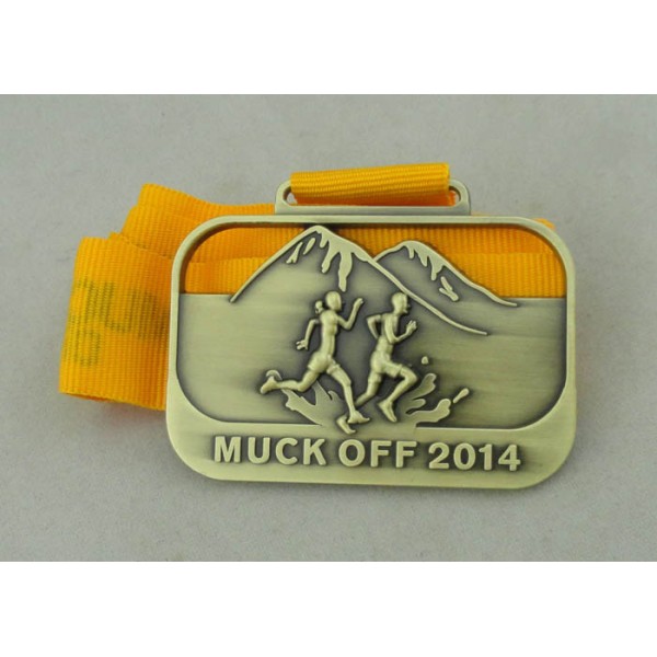 Quality 3D Die Casting Running Ribbon Medals For 2014 Muck Off And Antique Brass Plating for sale