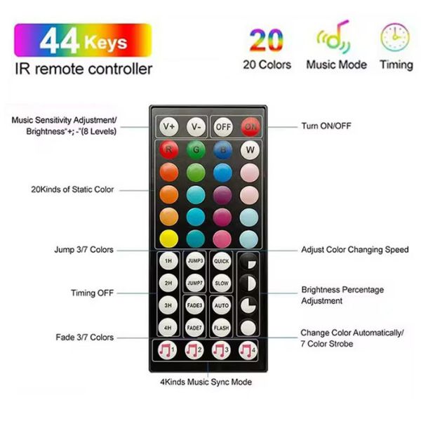 Quality 4Pin Rgb Light Strip Controller Intelligent Bluetooth Music 44key Remote Control for sale