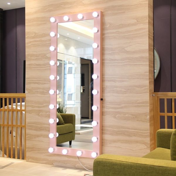 Quality Single Sided Full Length Hollywood Mirror Pink Metal Framed Full Body Vanity Mirror for sale