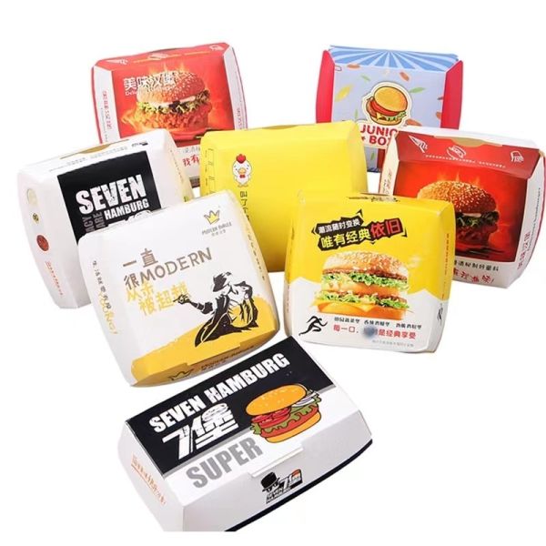 Quality Recyclable white cardboard burger box custom printed logo, disposable fast food for sale
