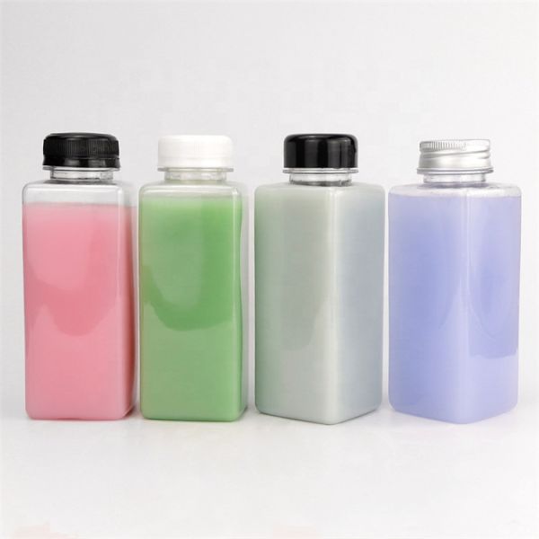 Quality 350ml Plastic Square Bottles Food Grade Transparent Empty Juice Bottles for sale