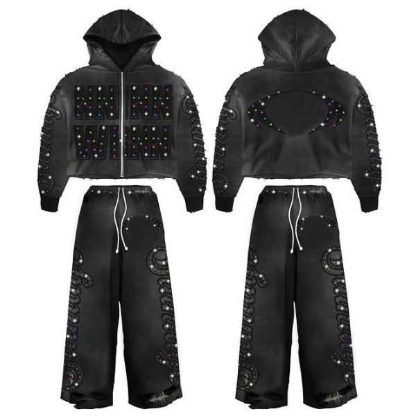 Quality Custom Heavyweight Acid Wash Flared Sweatpants and Hoodie Sets Men Embroidery Streetwear Tracksuit Rhinestone Cropped Sweatsuit for sale