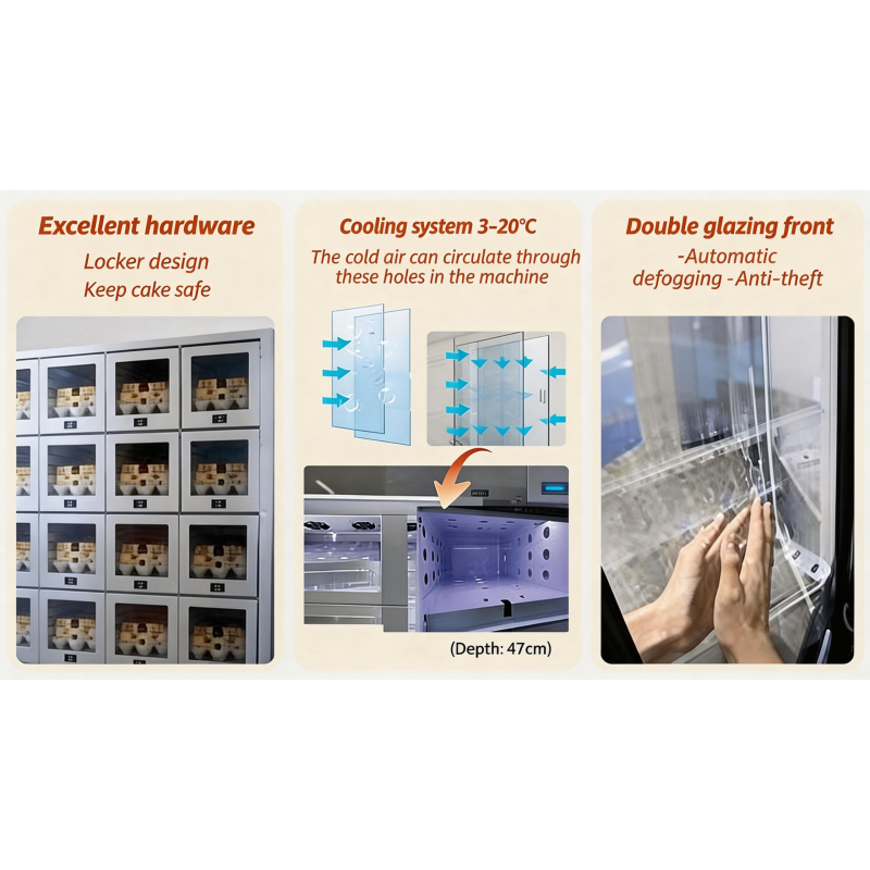 Cake vending machine with secure individual locker storage, precision cooling system (3&ndash;20&deg;C) for freshness, 47 cm deep compartments for standard cake sizes, and double-glazing tempered glass front with automatic defogging and anti-theft protection.