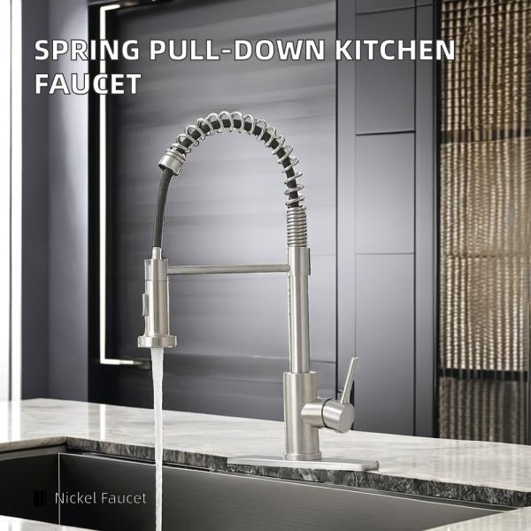 Quality Deck Mounted Single Handle Pull-Down Kitchen Faucet in Brushed Nickel with Hole for sale