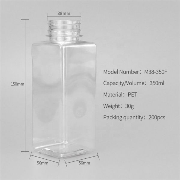 Quality 350ml Plastic Square Bottles Food Grade Transparent Empty Juice Bottles for sale