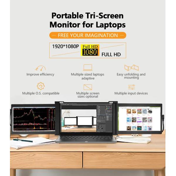 Quality USB C 1080P IPS HDR Portable Laptop Tri Screen Extender Monitor For Gaming 10.1 for sale