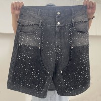 Quality Streetwear Double Waist Acid Wash All Over Rhinestone Crystal Men's Shorts for sale