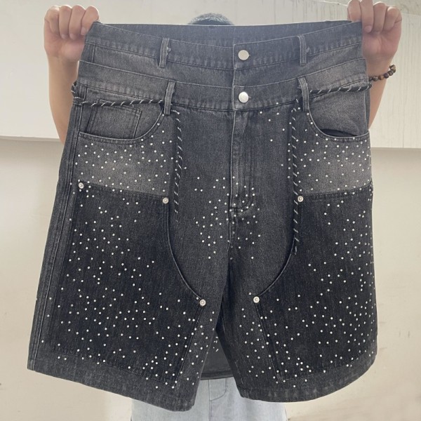 Quality Streetwear Double Waist Acid Wash All Over Rhinestone Crystal Men's Shorts Manufacturer Custom Summer Cargo Denim Jeans Shorts for sale