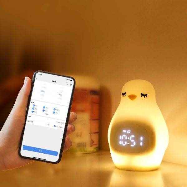 Quality Penguin Silicone Night Light Digital Alarm Clock Table Clock Warm Light Bedside for sale