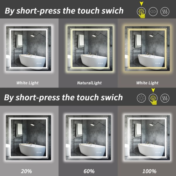 Quality 36 Inch LED Square Mirror IP44 Bathroom Mirrors With Lights for sale