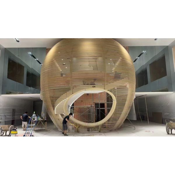 Quality Office Lobby 3D Radius Curved Metal Ceiling Baffle Soundproofing Woodgrain Wall Acoustic Panels for sale