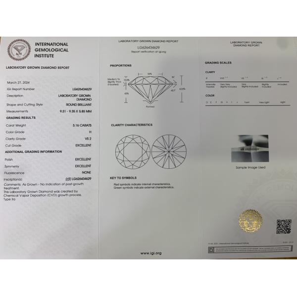 Quality 3.16CT H VS2 3EX Round Cut CVD Lab Diamond LG626434629 for sale