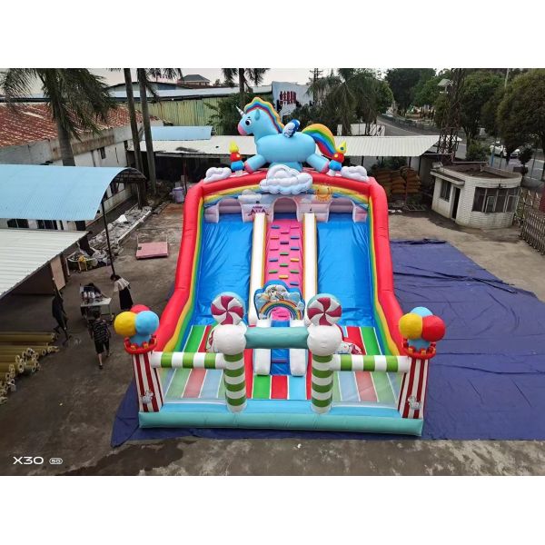 Quality Rainbow Horse Two Parallel Channels Inflatable Slides With Candy Shaped Pillars for sale