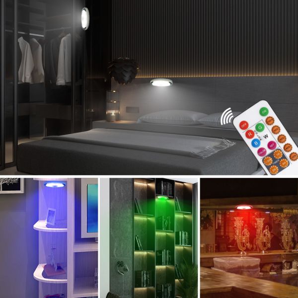 Quality 55LM Wireless Color Changing Puck Lights / 0.8w Remote Control Closet Light for sale