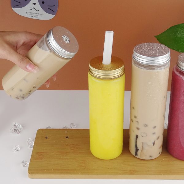 Quality Beverage Round Plastic Pet Boba Juice Bottles Transparent 450ml With Aluminum Lid for sale