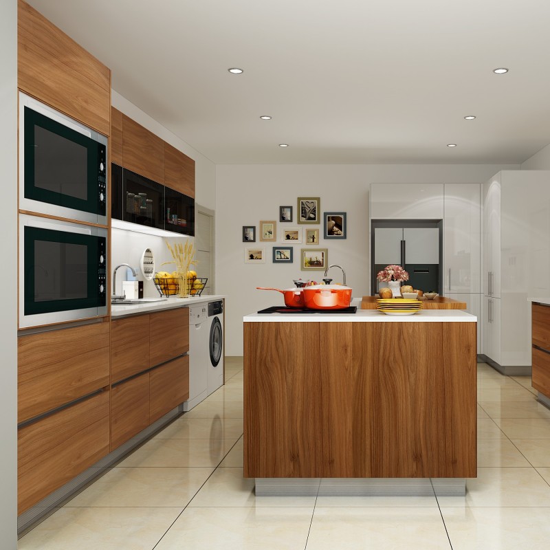 Modern walnut kitchen cabinet with quartz countertop